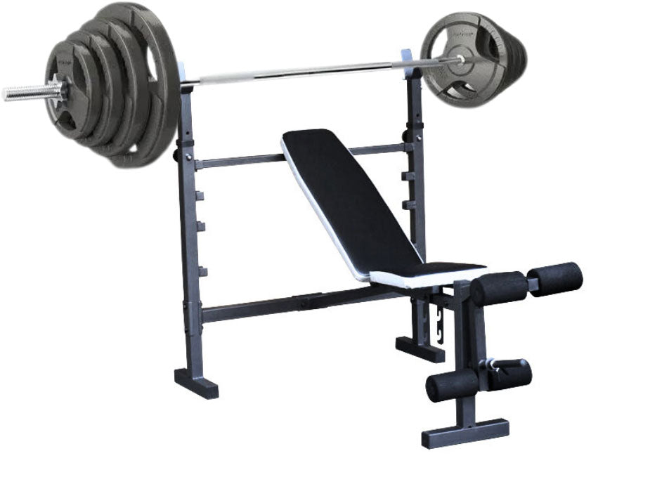 50kg Standard Hammertone Barbell Weights Set + Wide Adjustable FID Ben ...
